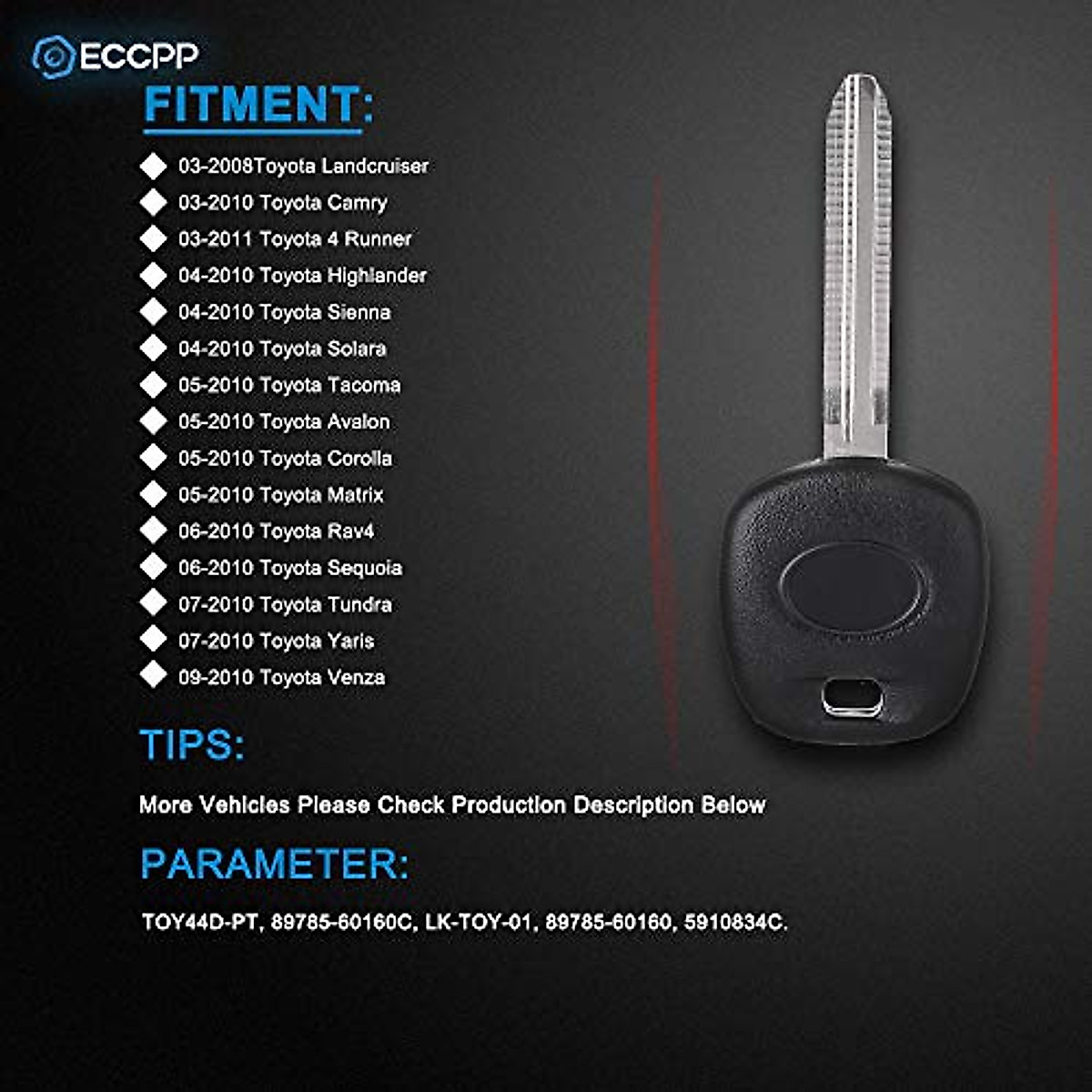ECCPP 1X Uncut Ignition Key Fob Replacement for 03-11 for Toyota Landcruiser Camry 4 Runner Highlander Sienna Solara Tacoma Avalon Corolla Matrix Rav4 Sequoia Tundra Yaris Venza TOY44DPT 89785-60160C
