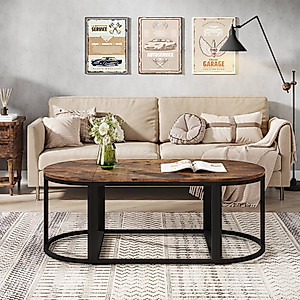Wood Coffee Table Set: Large 47" Modern Oval Coffee Table for Living Room, Detachable into a Square Table and Small Round End Tables Mid-Century Side Table Couch Table with Storage, Stable Metal Stand