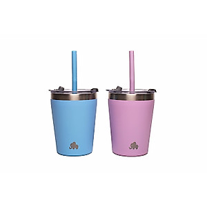 ELEFANT Kids & Toddler Cups (SET of 2), Stackable Stainless Steel Insulated Tumblers with BPA FREE Leak Proof Lids and Reusable Silicone Straws, Elegant, Powder Coated (BLUE + PURPLE)