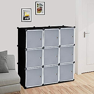 VINGLI Cube Storage, 9 Cubes Organizer Shelves Plastic Closet Cabinet, DIY Modular Storage Cube Organizer w/White Doors for Bedroom Living Room Office, Black