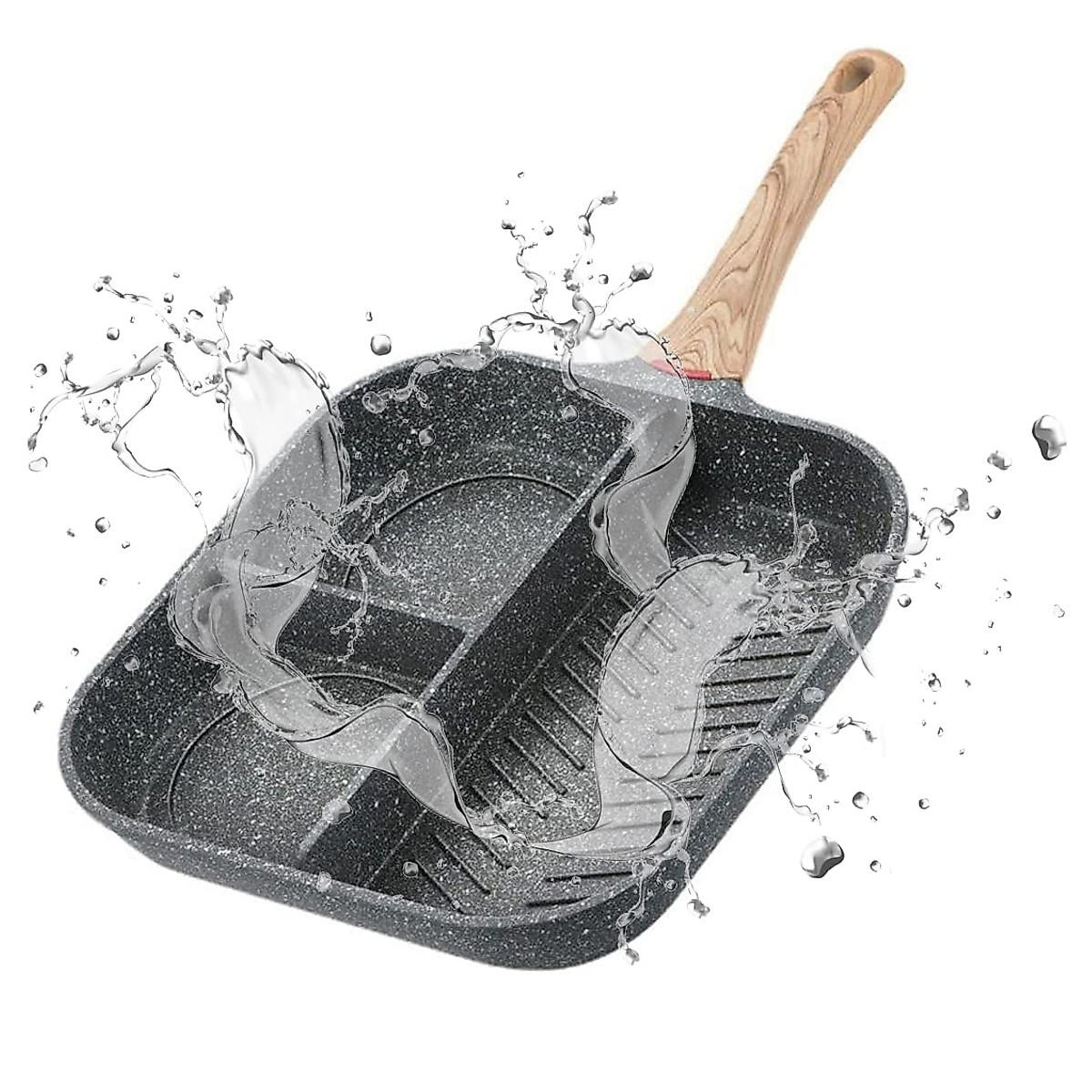 JUSTUP Nonstick Egg Frying Pan, 3-in-1 Egg Pan Divided Grill Frying Pan, Heat Resistant Handle 3 Section Skillet, Omelette Pan for Breakfast, Egg, Bacon and Burgers (11.4 Inch)