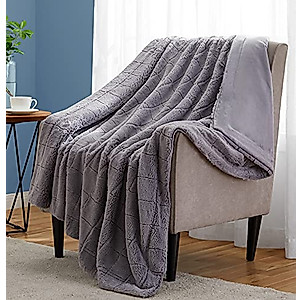 Monbix Faux Fur Throw Blankets Soft Fuzzy Warm, Fluffy Throw Blankets Couch Fleece, Throw Blankets Bed Cozy Machine Washable Plush Thick Comfy Grey Plaid Grid Furry Sofa Textured 380gsm 180gsm 50x60