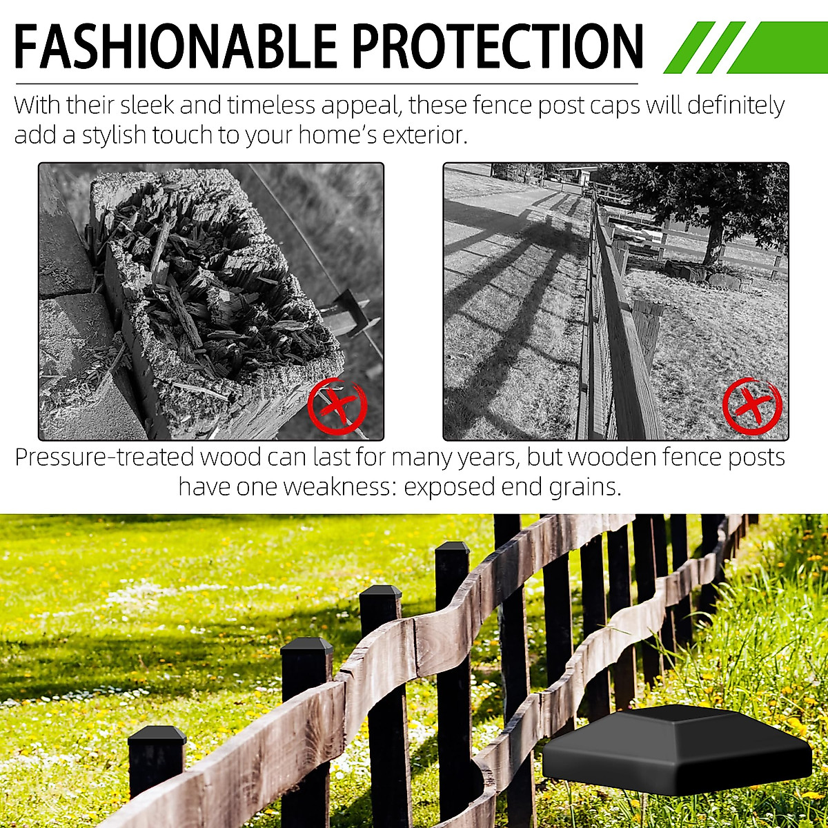 TonGass (6-Pack, Black) 4x4 (3 5/8") Wood Fence Post Caps - Wooden Fence Deck Post Covers - Durable Plastic Water-Proof and UV-Proof - Protect Wooden Fence Poles from Cracking and Rotting