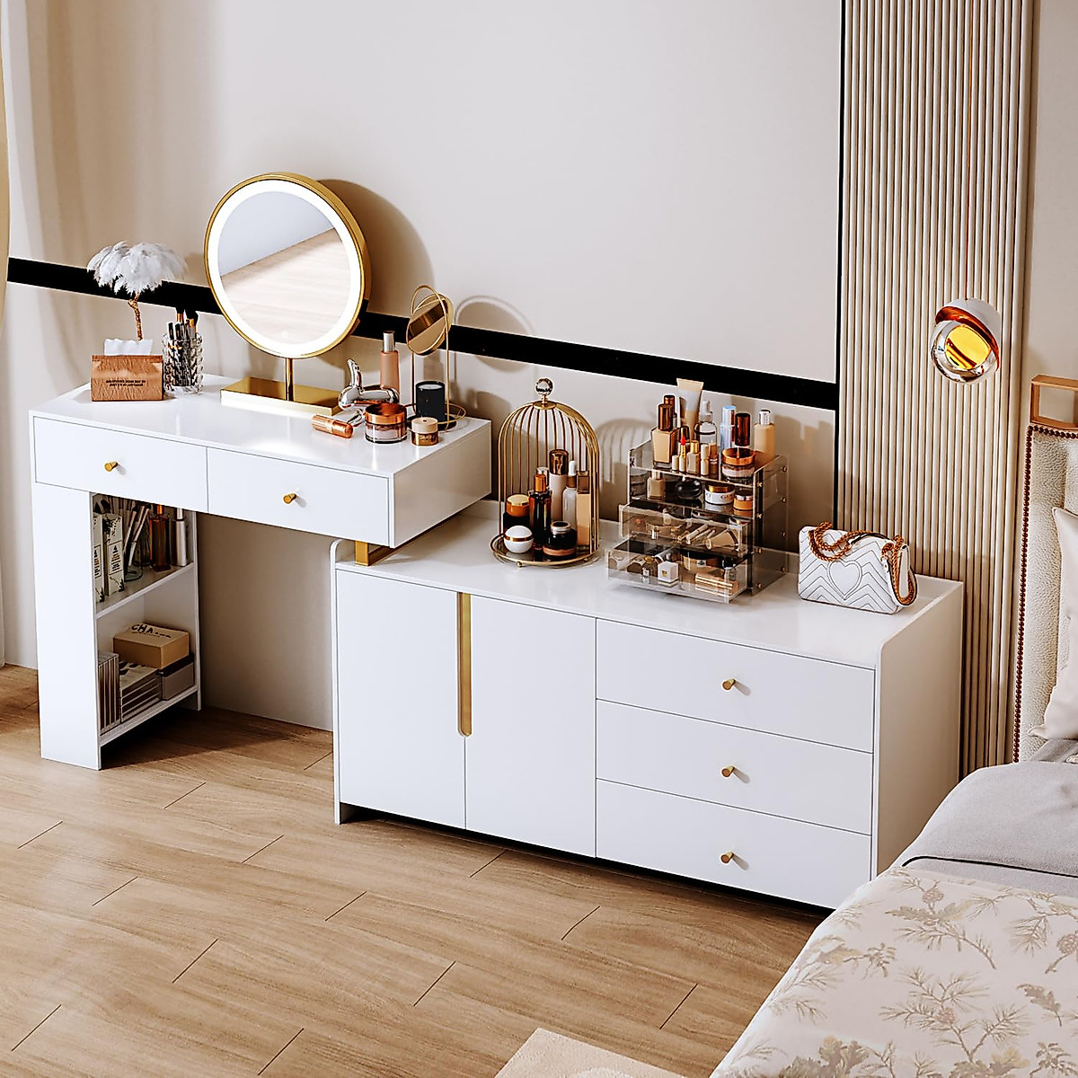 Vanity desk with mirror and lights, 3 Color Touch Screen,Modern Retractable Makeup Dressing Table with Adjustable Cabinet and 5 Sliding Drawers,Vanity Table Set ,Writing Desk Bedroom Essential,White