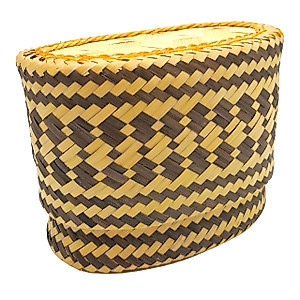 Bamboo Sticky Rice Serving Basket 6 x 3.7 Inch, Kratip, Intricately Woven Container, Oval-Shaped Pattern, Thailand Handmade, Dyed with Natural Based Black Charcoal (Mini Heart) (Double Square)