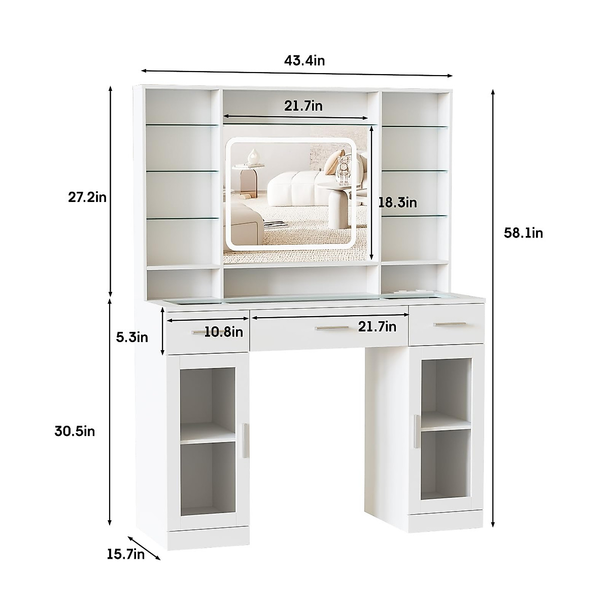 Fameill Makeup Vanity with Lights, 43.4inch Vanity Desk with Power Strip, 3 Drawers and 2 Cabinets Makeup Table with Lighted Mirror, 3 Lighting Colors, White