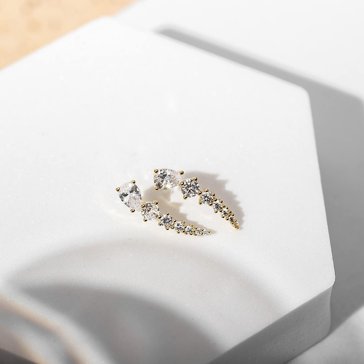 PAVOI 14K Gold Plated Sterling Silver Post Cubic Zirconia Ear Crawler Earrings - Faux Diamond Arrow Ear Climber Fashion Earrings in Yellow Gold