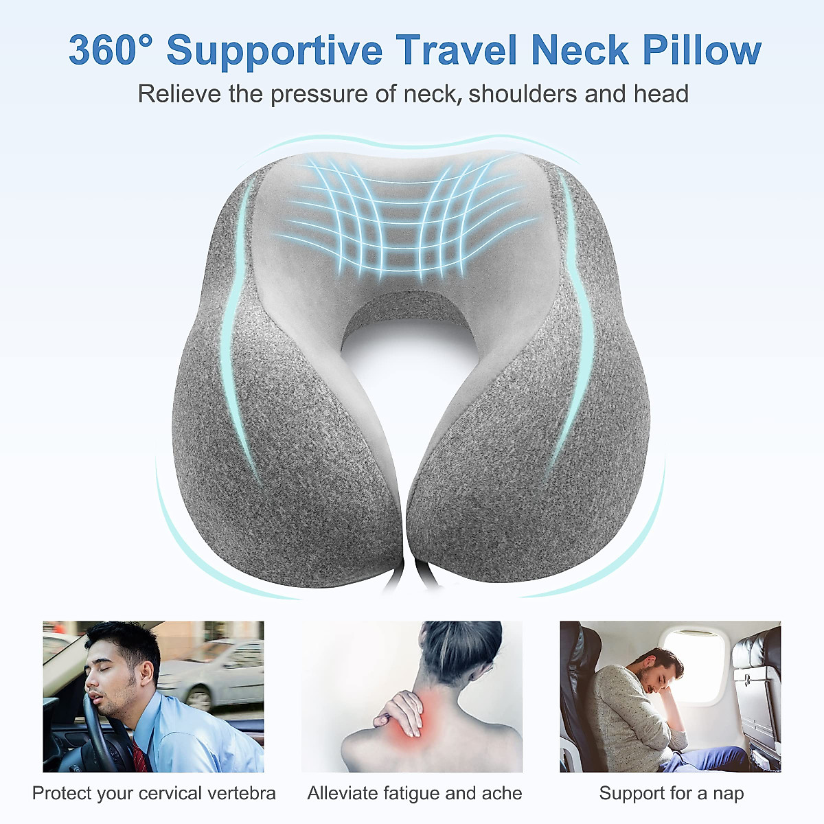 Gentlepaw Travel Pillow - Memory Foam Cervical Neck Pillow for Adults, Kids, Children, Convenient & Portable U Shaped Pillows, Airplane Pillow for Home, Office, Camping, Travelling, Sleeping (Gray)
