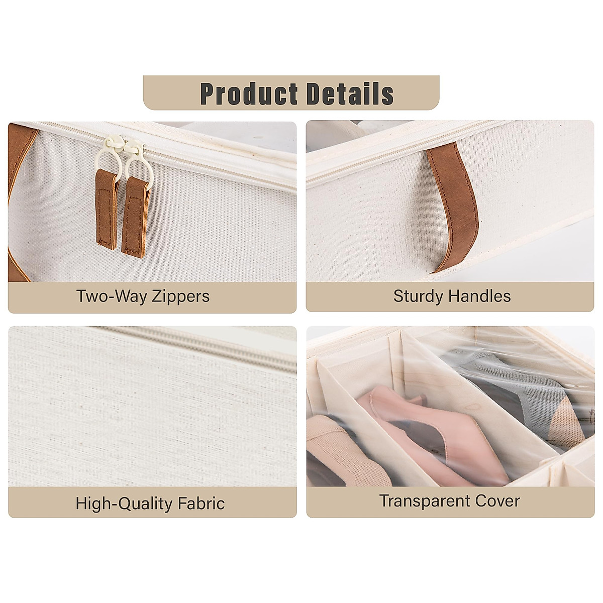 StorageWorks Under Bed Shoe Storage Organizer, Underbed Shoes Container with Adjustable Dividers, Shoe Storage Basket with Cover, Beige, 2-Pack, Space-Saving Shoe Box Fits up to 24 Pairs