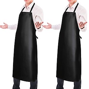 2 Pack Waterproof Rubber Vinyl Apron 40" Chef Aprons for Men Heavy Duty Chemical Work Apron Gifts for Dad Husband Fathers, Adjustable Bib Apron for Dishwashing Lab Butcher Cooking Kitchen Black