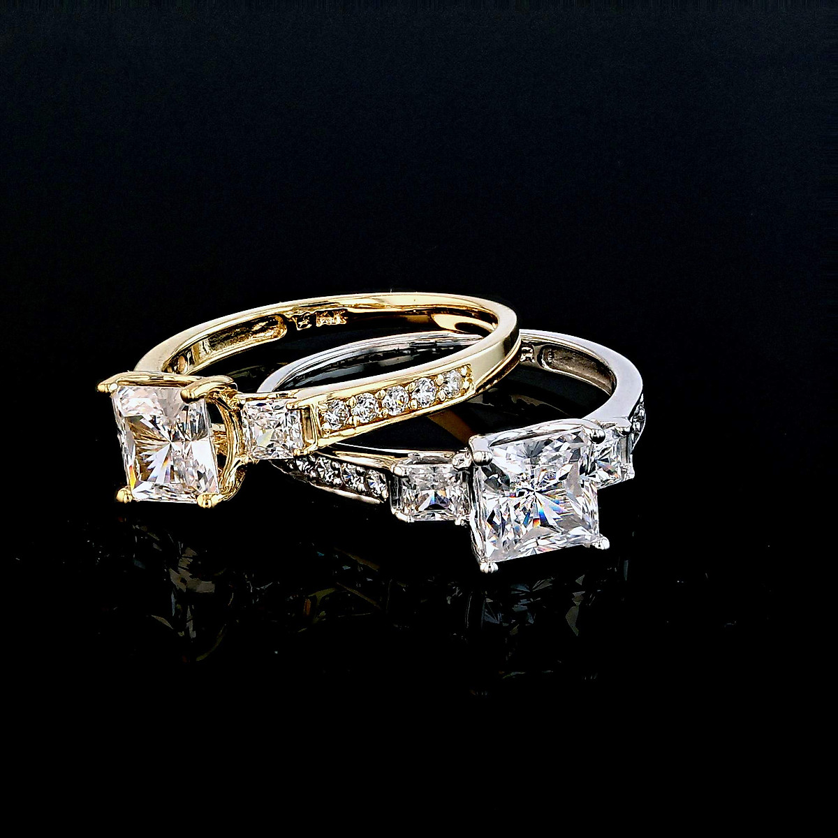 Ioka - 14K Solid Yellow Gold 1.5 Ct. Princess Cut 3 Stone CZ Engagement Ring With Stones in Band - Size 9