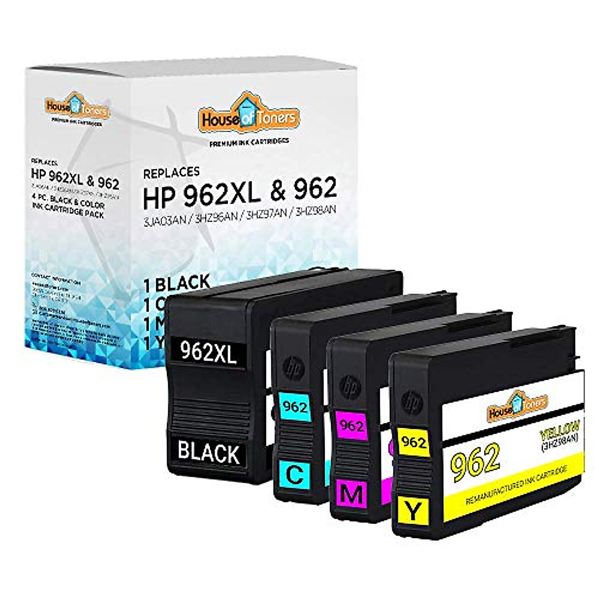 Houseoftoners Remanufactured Ink Cartridge Replacement for HP 962XL Black & 962 Cyan Magenta Yellow for OfficeJet Pro 9025 9020 9018 9015 9010 (1B/1C/1M/1Y, 4PK)