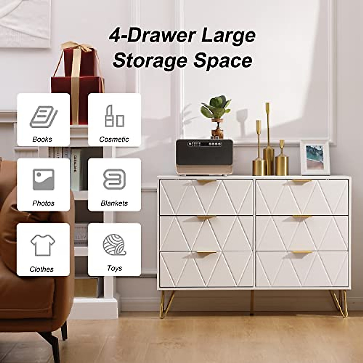 Betterhood 6 Drawer Dresser,White Dresser for Bedroom, Wood Chest of Drawers with Diamond Board & Gold Metal Handles for Bedroom,Living Room,Closet Hallway (White)