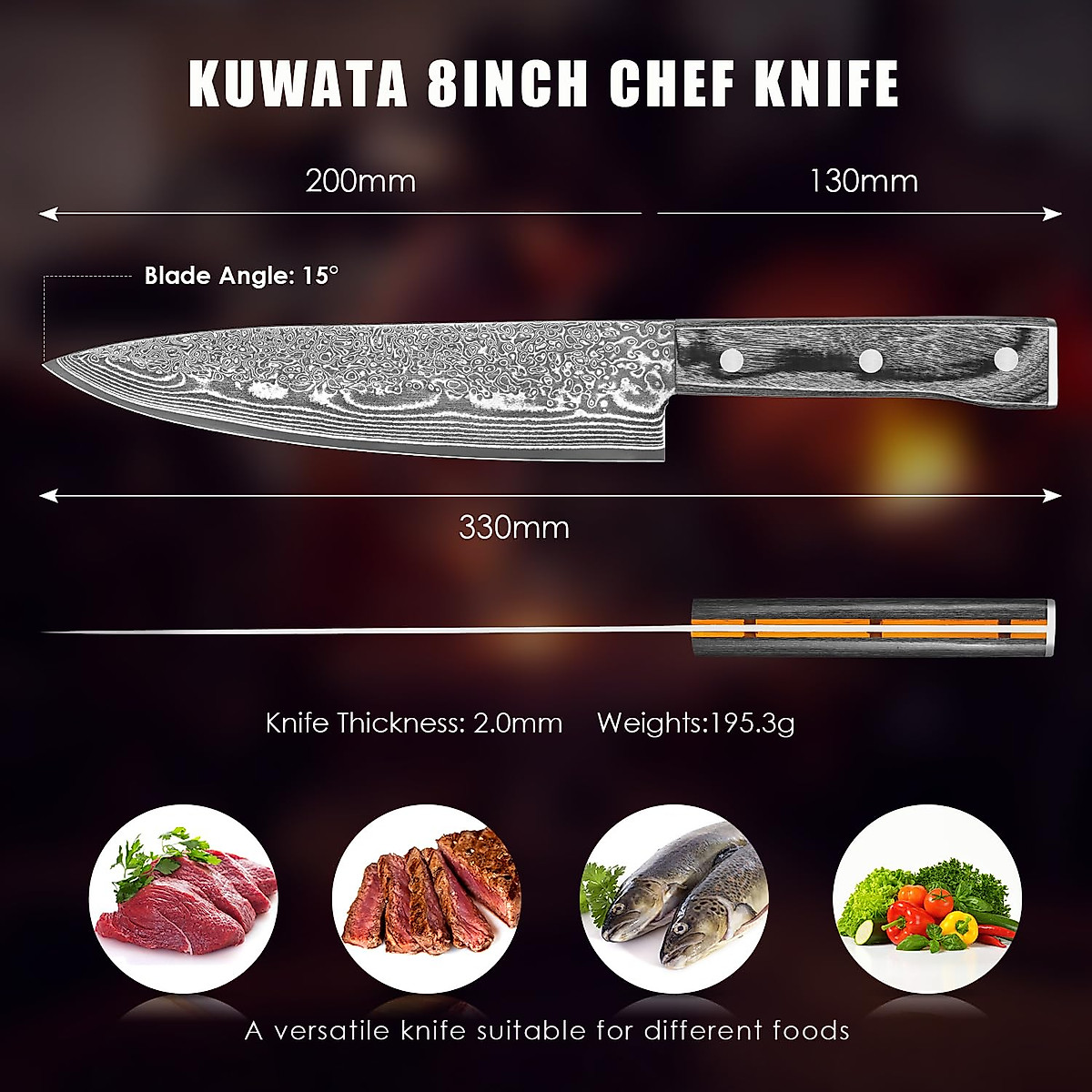Damascus Chef Knife 8 Inch, Professional Japanese VG10 Damascus Steel Super Sharp Cooking Knife, G10 Ergonomic Color Wooden Handle with Luxury Gift Box