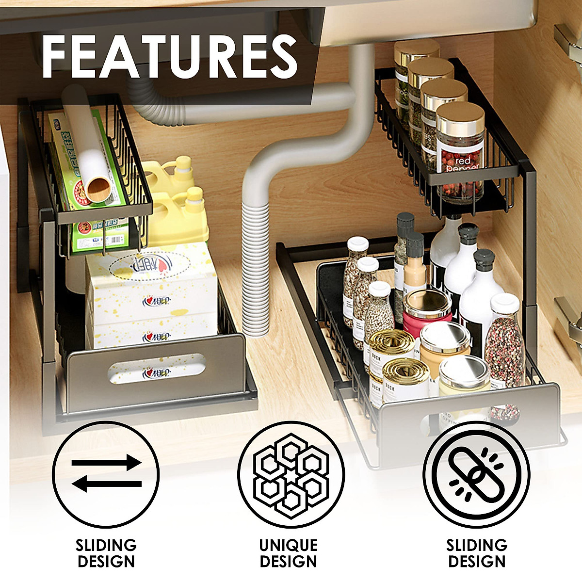 Under Sink Organizer, Pull Out Cabinet 2-Tier Sink Organizer for Small Bathroom Space for Home, Kitchen Laundry Room Organization, Bathroom Sink Shelf Cabinet Organizer, Rust-Resistant