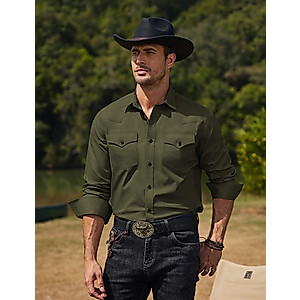 COOFANDY Men's Western Snap Shirts Loose Fit Casual Long Sleeve Embroidered Cowboy Shirts Army Green