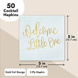 BLUE PANDA 50 Pack Pink Baby Shower Napkins –“Welcome Little One” Light Blue Napkins with Gold Foil for Baby Shower Decorations (5x5 In) - Baby Boy Shower Napkins - Welcome Baby Napkins