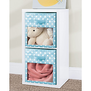 mDesign Fabric Nursery/Playroom Closet Storage Organizer Bin Box, Front Handle/Window for Cube Furniture Shelving Unit, Hold Toys, Clothes, Diapers, Bibs, 2 Pack, Turquoise Blue/White Polka Dot