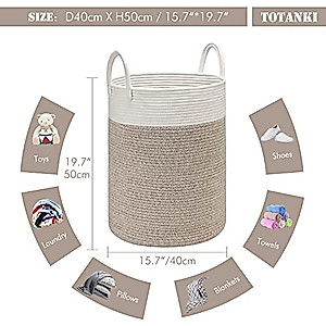 TOTANKI Large Cotton Rope Laundry Storage Basket - 15.7 Inches(D) x 19.7 Inches(H) - Collapsible Woven Basket with Durable Handles for Storing Clothing, Diapers, Toys (White/Brown)