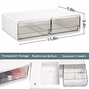 EZOWare 2 Piece Stackable Makeup Organizer Drawer Set, 3 Drawer Modular Display Storage for Vanity, Desk, Bathroom Countertop, and More - White and Clear