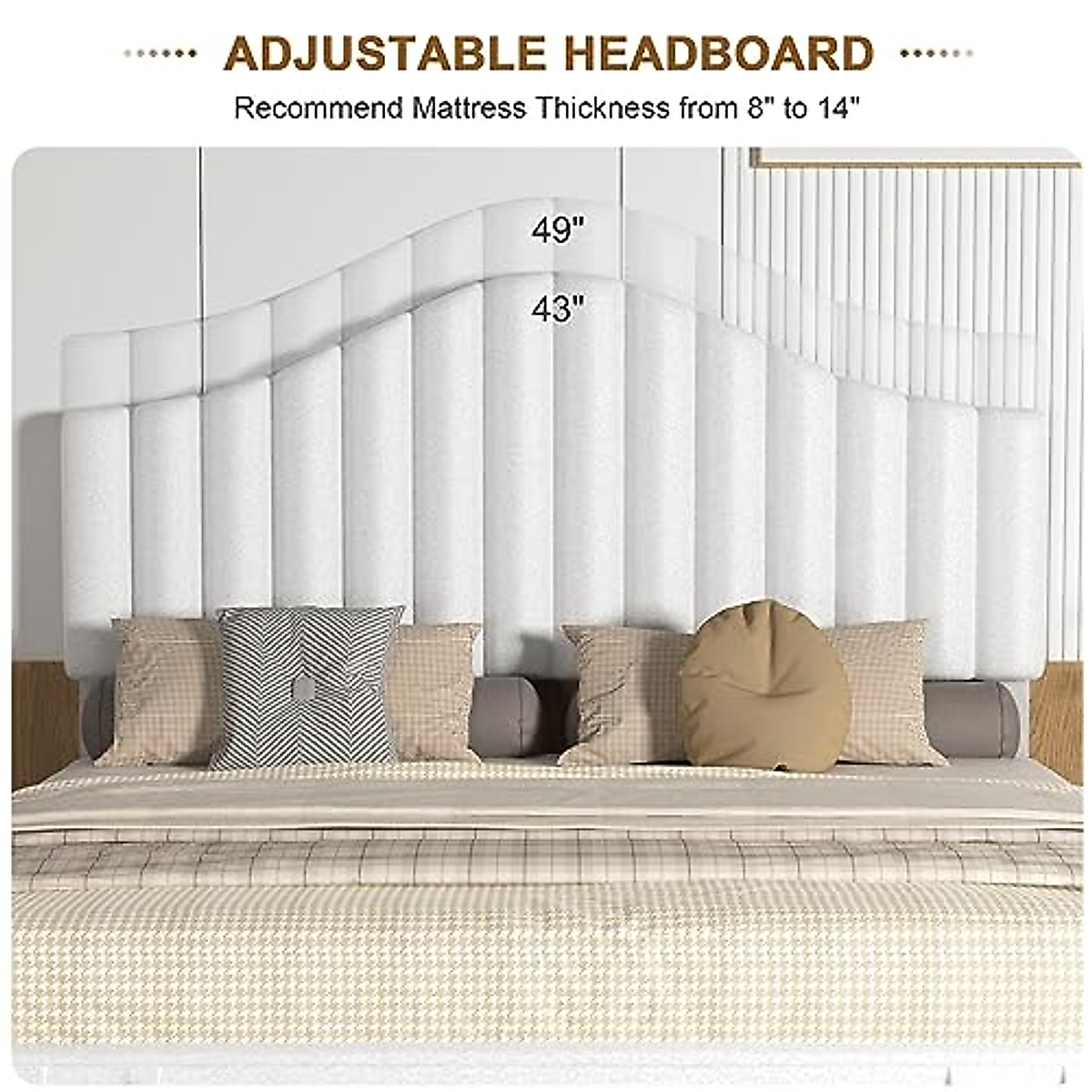 HUEOFGP Queen Size Bed Frame with Upholstered Fabric Adjustable Headboard, Platform Bed Frame with Wooden Slats Support, No Box Spring Needed, Easy Assembly, Modern, White