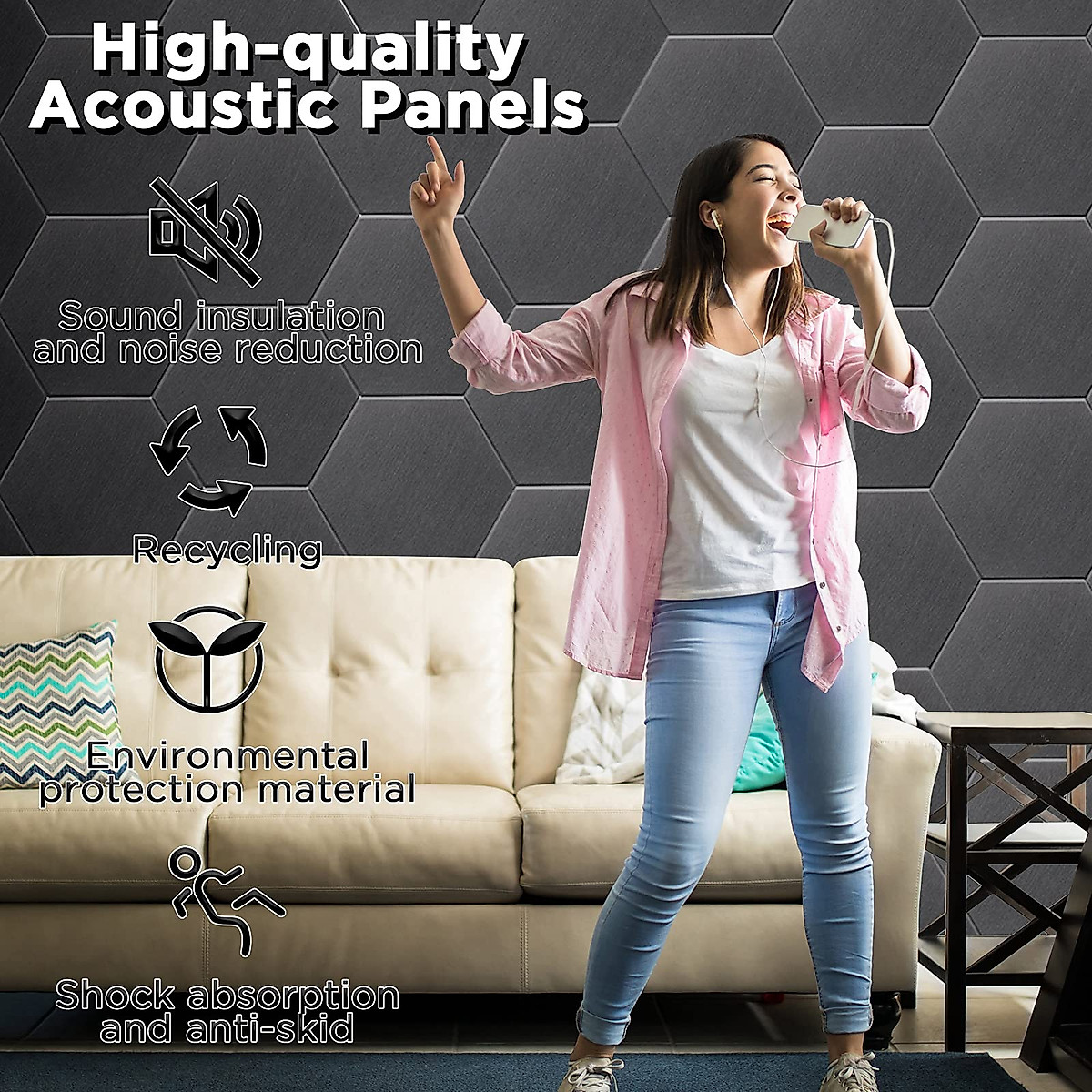 18 Pieces Acoustic Panels Hexagon Sound Proof Padding 11.8 x 10.2 x 0.4 Inches Foam Soundproof Wall Panels Self-Adhesive Sound Dampening Panels Acoustic Absorption for Studio Home Office, Black