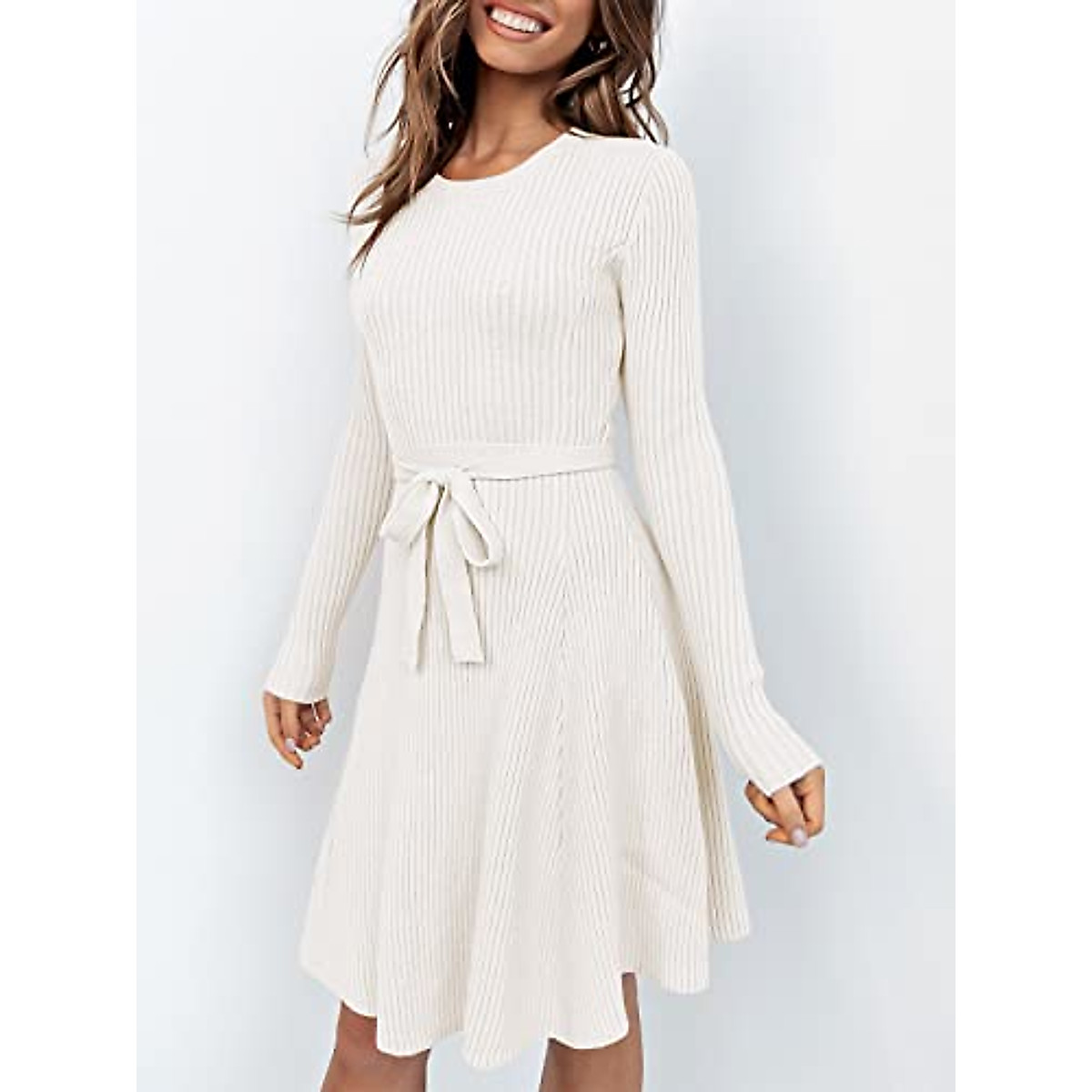 ANRABESS Womens Sweater Dress Long Sleeve A Line Crewneck Slim Fit Tie Waist Casual 2023 Fall Fashion Outfits Clothes Midi Swing Bodycon Ribbed Knit Mini Short Dress with Belt 669mibai-M White