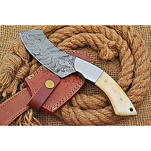 HUNTEX Handmade Hand-Forged Twist Pattern Damascus Steel 9 Inch Long Full Tang Natural Camel Bone Handle Razor Sharp Hunting Camping Cleaver Knife w/Genuine Leather Sheath