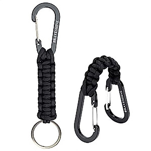 BRAVESHINE Keychain Hook with Paracord Strap 2 Pack Black Metal Key Ring Carabiner Hanger Para Cord D Locking Keyring Clip for Keys, Backpack, Boys, Girls, Men, Women, Camping, Hiking, Travailing
