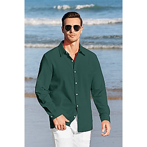 Mens Button Up Shirts Linen Beach Long Sleeve Casual Cotton Summer Lightweight Tops