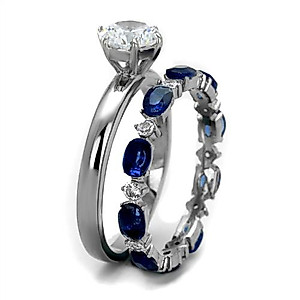 Marimor Jewelry 2.25 Carat Round Cut Clear and Blue Cubic Zirconia Stainless Steel Wedding Set Women's Size 9