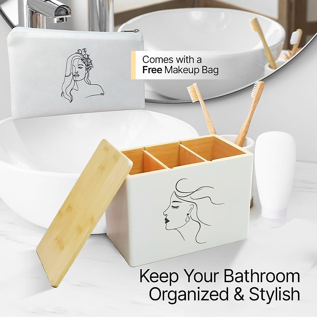 prime sell - Tampon Holder for Bathroom Wooden Farmhouse, Tampon Organizer with Makeup Pouch and Lid, 3-Compartment Feminine Product Organizer - Lady Stuff Box for Bathroom Decor Accessories