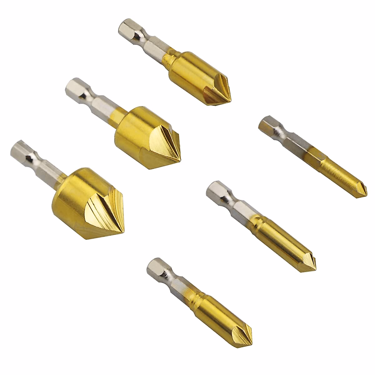 Countersink Drill Bit Set 6 Pcs 5 Flute Counter Sinker Drill Bits and 90 Degree Center Punch Tools HSS 1/4" Hex Shank for Wood Metal Quick Change 6-19mm (6)