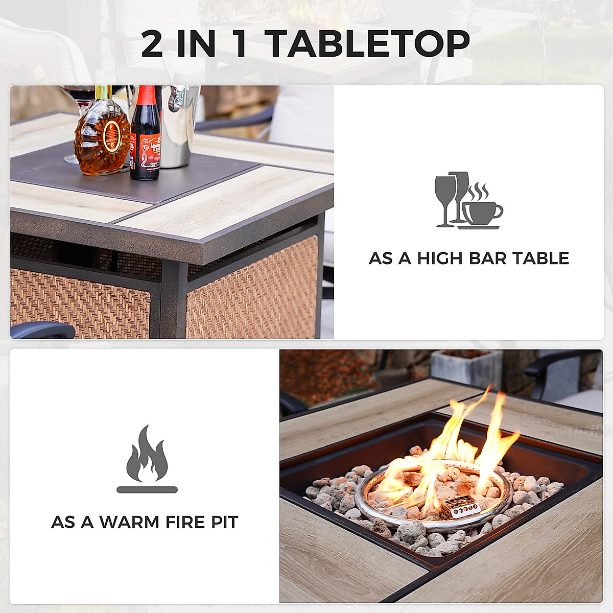 Grand patio 5-Piece Swivel Patio Bar Set with Fire Pit Table 40,000 BTU Heat Output, Leather-Look Wicker Outdoor Height Patio Bar Stools Set of 5, Patio Bar Height Chairs with High Back and Armrest