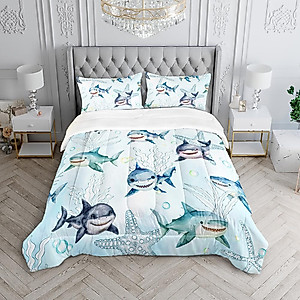 XYNHML Boys Blue Ocean Shark Comforter Set Twin Size Shark Starfish Bedding Sets Seaweed Quilt Bed Set for Kid Girls with 1 Comforter and 2 Pillowcases