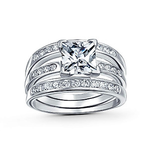 Bling Jewelry Sterling Silver Channel Set Princess CZ Engagement Wedding Ring Set - Size 9