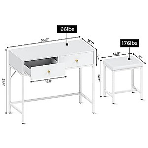 SUPERJARE 35.4" White Desk with 2 Drawers, Modern Makeup Vanity Desk with Padded Stool, Small Computer Desk Home Office Desk for Writing Study Bedroom