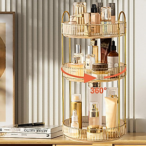 Dexspoeny 360° Rotating Makeup Organizer,Bathroom Make Up Spinning Holder Rack,Large Capacity Cosmetics Storage Vanity Shelf Countertop,Make Up Organizers and Rotary Storage (3 Tiers,Gold)