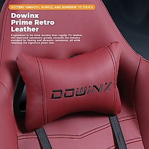 Dowinx Gaming Chair Office Desk Chair with Massage Lumbar Support, Vintage Style Armchair PU Leather E-Sports Gamer Chairs with Retractable Footrest (Red)