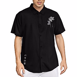 OYOANGLE Men's Graphic Print Japanese Letter Short Sleeve Button Down Shirt Top Black XL