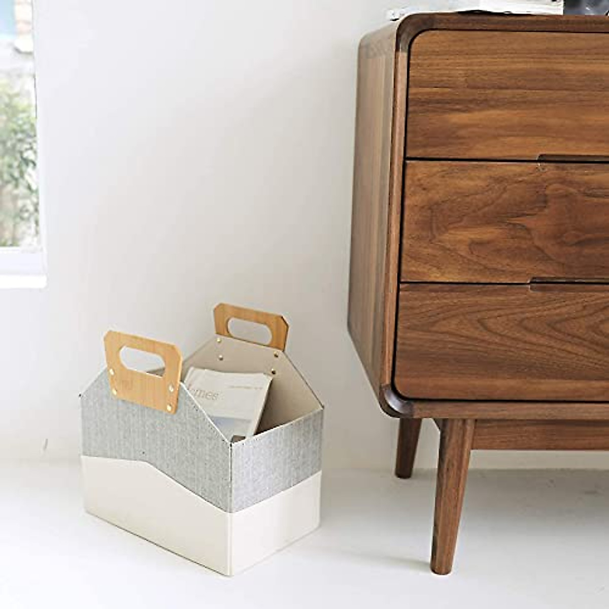 LA JOLIE MUSE Mid-Century Modern Storage Basket Set of 3 Lidded & Modern Magazine Basket with Bamboo Handles