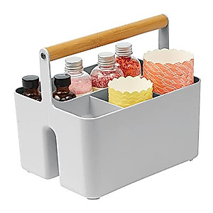 mDesign Plastic Portable Storage Organizer Kitchen Caddy Tote, Divided Bin with Wood Handle for Napkins, Silverware, Forks, Knives, Spoons - Store in Cabinets, Countertops - Gray/Natural