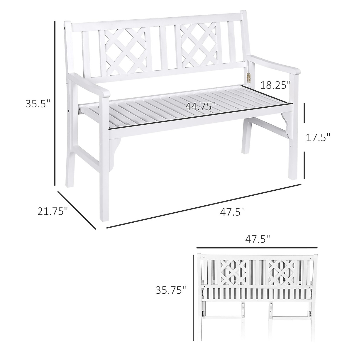 Outsunny 4FT Wooden Outdoor Garden Bench for 2, Portable Folding Loveseat 2-Seater Chair with Backrest, Armrests and Slat Seat, White