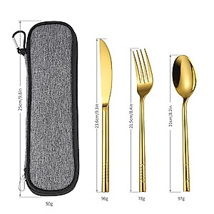 AARAINBOW Portable Travel Utensils with Case, 3 Pcs Heavy Duty Stainless Steel Cutlery Set Reusable Flatware Personal Silverware Set Include Fork Spoon Knife for Office Camping Picnic (Golden)