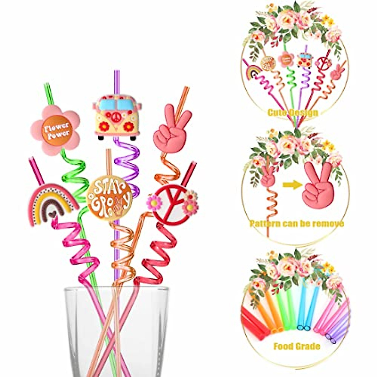 60's Hippie Boho Party Favors Two Groovy Straws Reusable Plastic Drinking Straws 8 Designs 24pcs, Boho Rainbow Birthday Party Favor Kids with 2 Cleaning Brush
