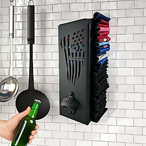 Oocpin 2024 Can Cooler Holder with Bottle Opener, Wall Mounted Can Cooler Holder, Ergonomic Magnetic Metal Can Cooler Dispenser, 2 in 1 Can Cooler Holder for Home Bars (Flag 16in), Black