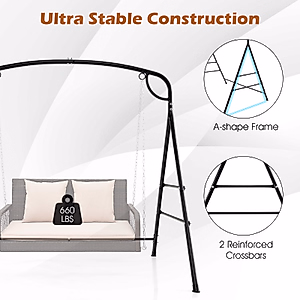 HAPPYGRILL Outdoor Swing Frame Heavy-Duty Metal Porch Swing Stand with Side Bars & 2 Rings, 660 lbs Weight Capacity, A-Frame Swing Frame for Garden, Backyard, Balcony