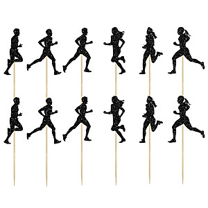24Pcs Running Cupcake Toppers Black Glitter Sports Fitness Cupcake Picks for Running Theme Boys Girls Birthday Party Cake Decorations Supplies