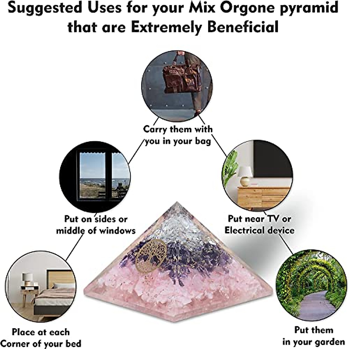 Rose Quartz Orgone Pyramid with Mix Healing Crystal for E-Energy Protection - Release Negative Energy - Positive Energy Generator - Reiki Charged Chakra Balance Orgonite Crystals - Meditation Pyramid