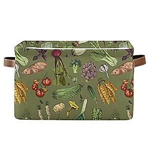 Kigai Vintage Vegetables Print Square Storage Basket, Portable Leather Storage Basket for Office, Furniture, 14.2 L x 10.2 W x 8.3 H In